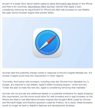 macrumors - Apple Considering Dropping Requirement for iPhone Web Browsers to Use WebKit - Arfy ...
