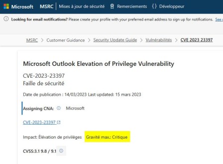 Vous utilisez l'application Outlook ? Ben le CVE-2023-23397 il dit que vous DEVEZ la mettre à ...